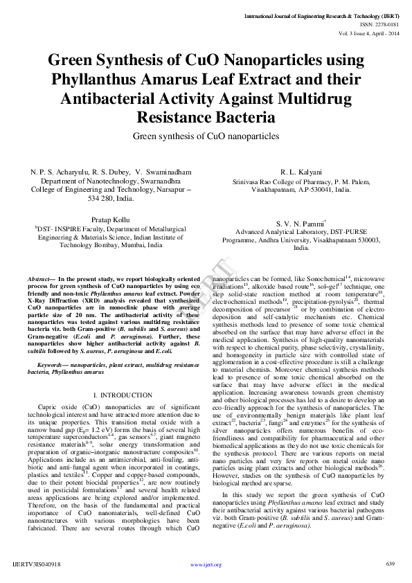 (PDF) Green Synthesis of CuO Nanoparticles using Phyllanthus Amarus Leaf Extract and their ...