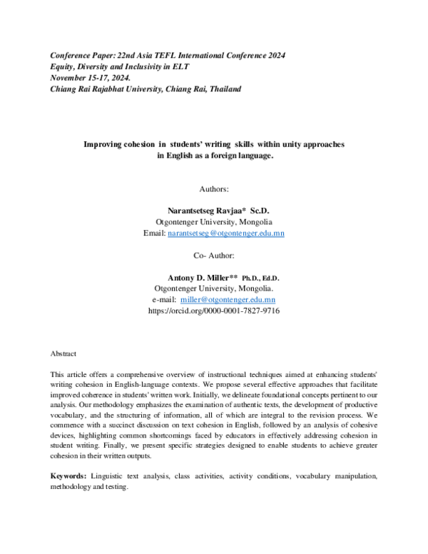 (PDF) Improving cohesion in students’ writing skills within unity approaches in English as a ...