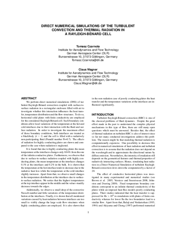 (PDF) Direct Numerical Simulations of the Turbulent Convection and Thermal Radiation in a ...