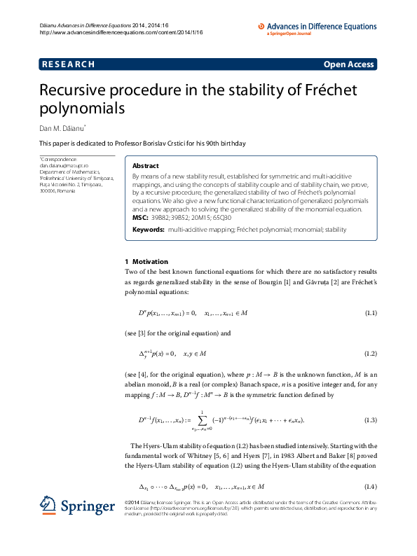 (PDF) Recursive procedure in the stability of Fréchet polynomials