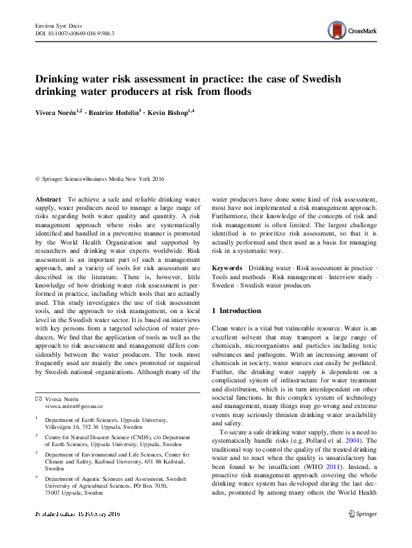 (PDF) Drinking water risk assessment in practice: the case of Swedish ...
