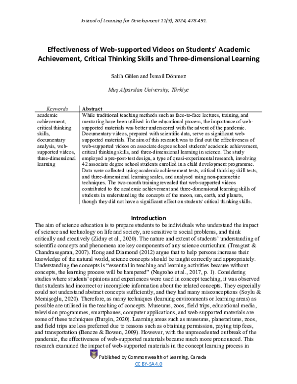 (PDF) Effectiveness of web-supported videos on students’ academic achievement, critical thinking ...