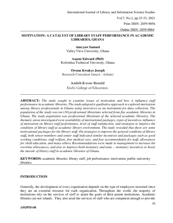 (PDF) MOTIVATION: A CATALYST OF LIBRARY STAFF PERFORMANCE IN ACADEMIC ...