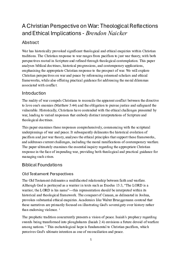 (PDF) A Christian Perspective on War: Theological Reflections and ...
