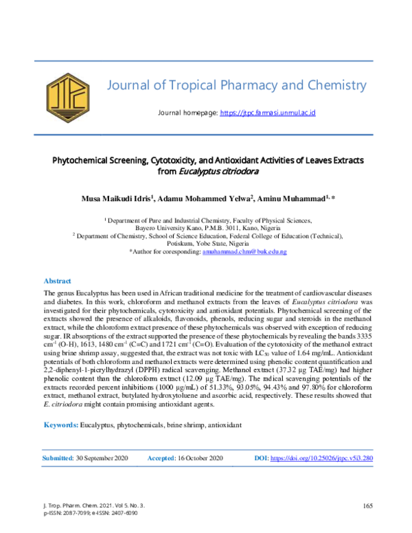 (PDF) Phytochemical Screening, Cytotoxicity and Antioxidant Activities of Leaves Extracts from ...