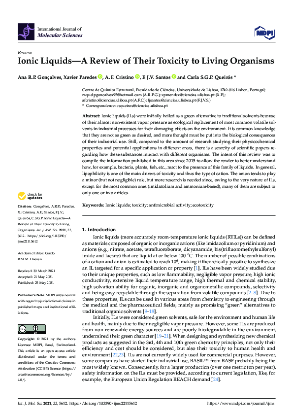 (PDF) Ionic Liquids—A Review of Their Toxicity to Living Organisms