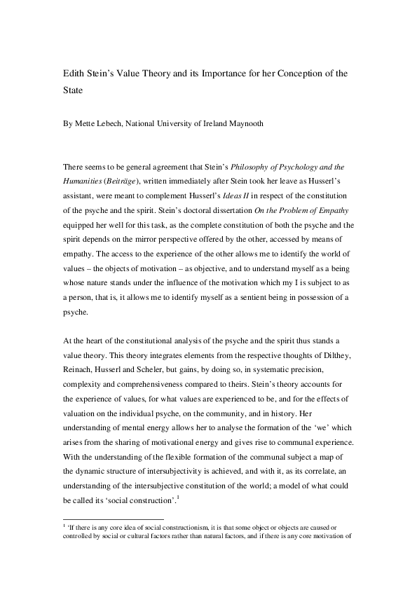 (PDF) Edith Stein’s Value Theory and its Importance for her Conception ...