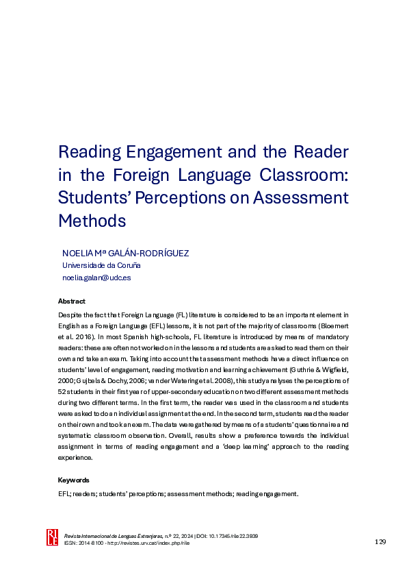 (PDF) Reading Engagement and the Reader in the Foreign Language Classroom: Students' Perceptions ...