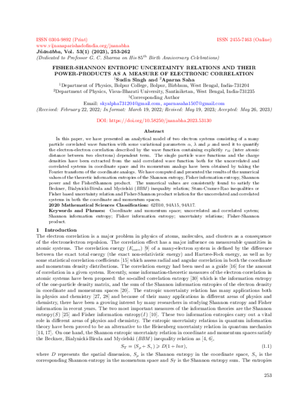 (PDF) Fisher-Shannon Entropic Uncertainty Relations and Their Power-Products as a Measure of ...