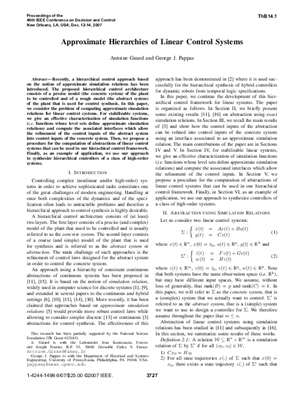 (PDF) Approximate hierarchies of linear control systems