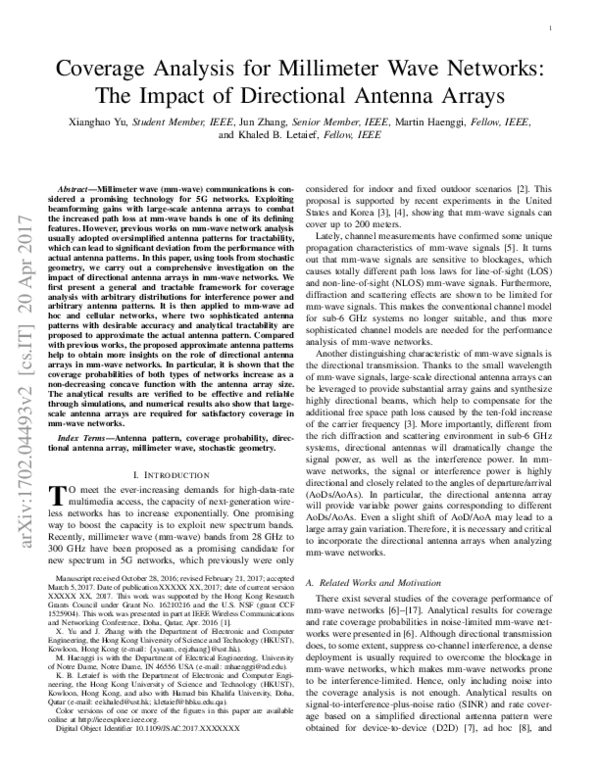 (PDF) Coverage Analysis for Millimeter Wave Networks: The Impact of Directional Antenna Arrays