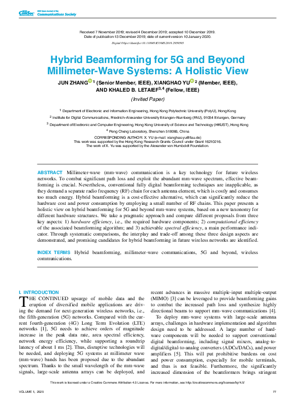 (PDF) Hybrid Beamforming for 5G and Beyond Millimeter-Wave Systems: A Holistic View