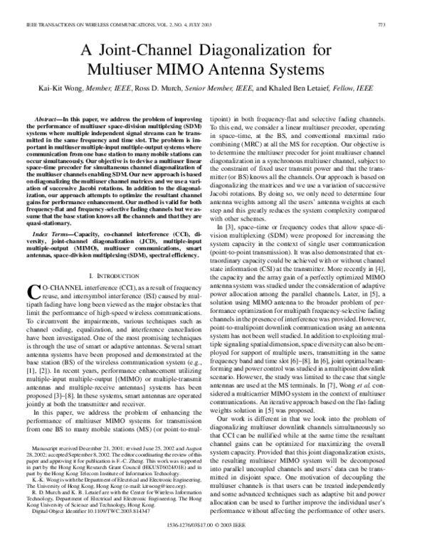 (PDF) A joint-channel diagonalization for multiuser MIMO antenna systems