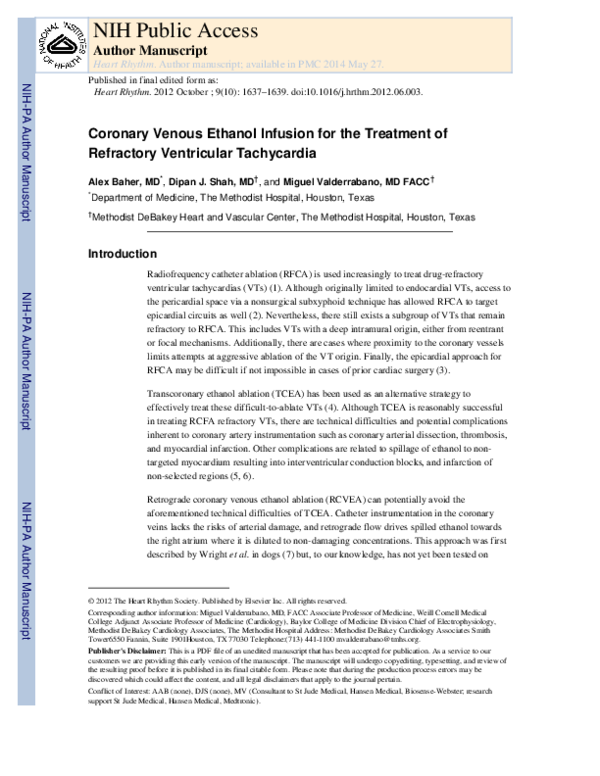 (PDF) Coronary venous ethanol infusion for the treatment of refractory ...
