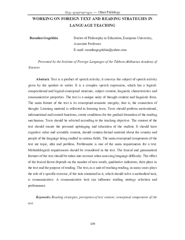(PDF) Working on Foreign Text and Reading Strategies in Language Teaching