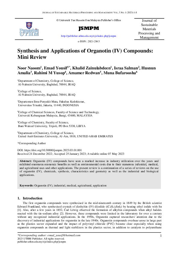 (PDF) Synthesis and Applications of Organotin(IV) Compounds: Mini Review | Husnun Amalia ...