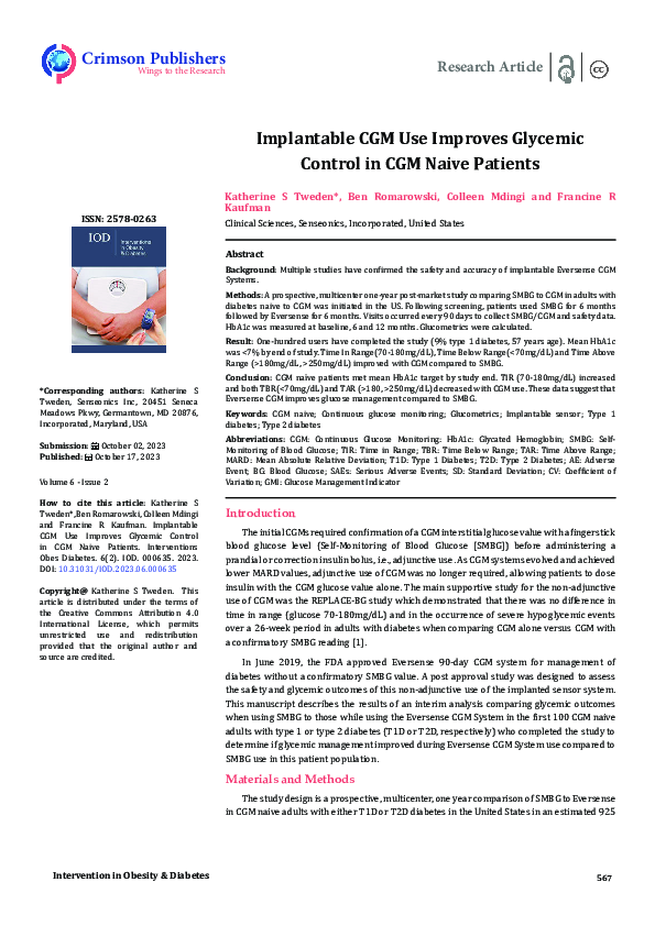 (PDF) Implantable CGM Use Improves Glycemic Control in CGM Naive Patients
