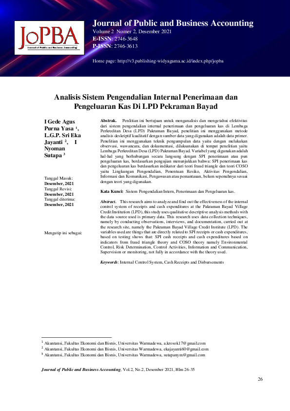 (PDF) Analisis Sistem Pengendalian Internal Penerimaan dan Pengeluaran Kas Di LPD Pekraman Bayad