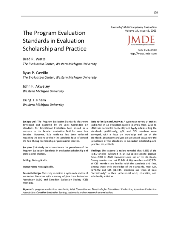 Pdf Program Evaluation Standards In Evaluation Scholarship And Practice