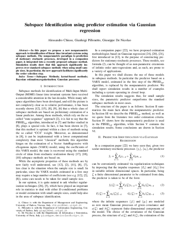 (PDF) Subspace identification using predictor estimation via Gaussian regression