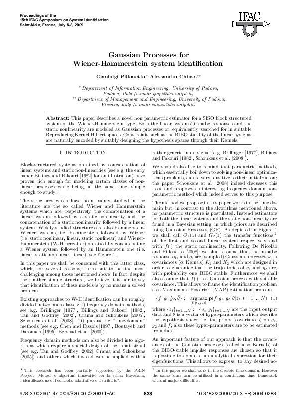 (PDF) Gaussian Processes for Wiener-Hammerstein system identification