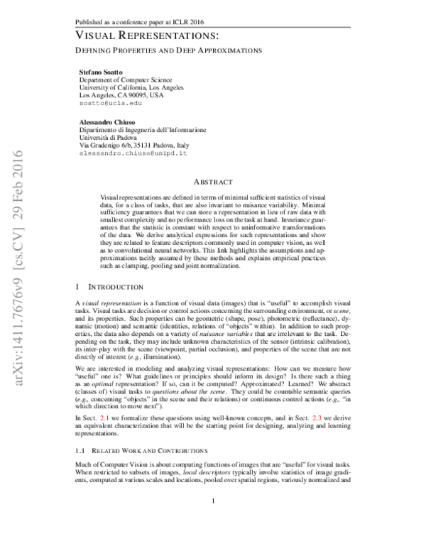 (PDF) Visual Representations: Defining Properties and Deep Approximations