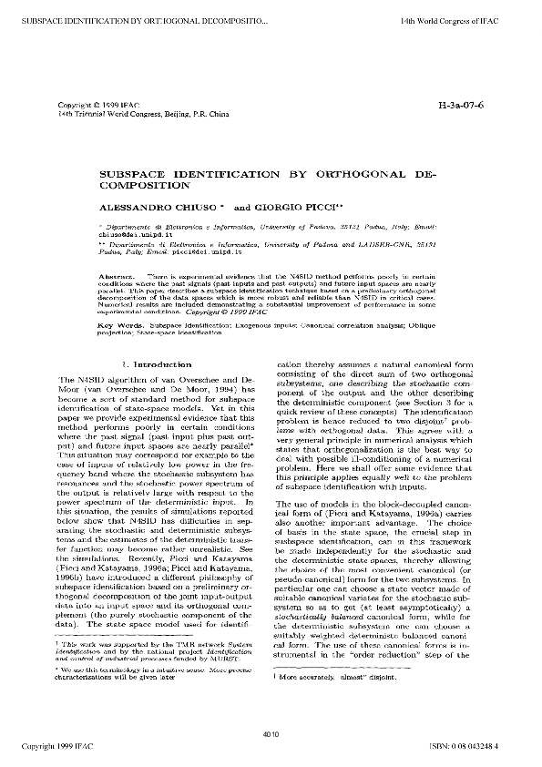 (PDF) Robust Subspace Identification via Orthogonal Decomposition