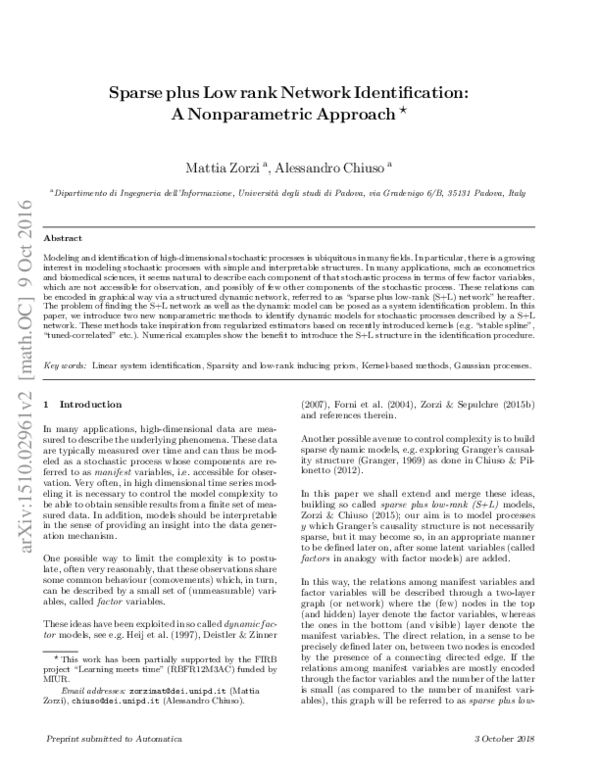 (PDF) Sparse plus low rank network identification: A nonparametric approach
