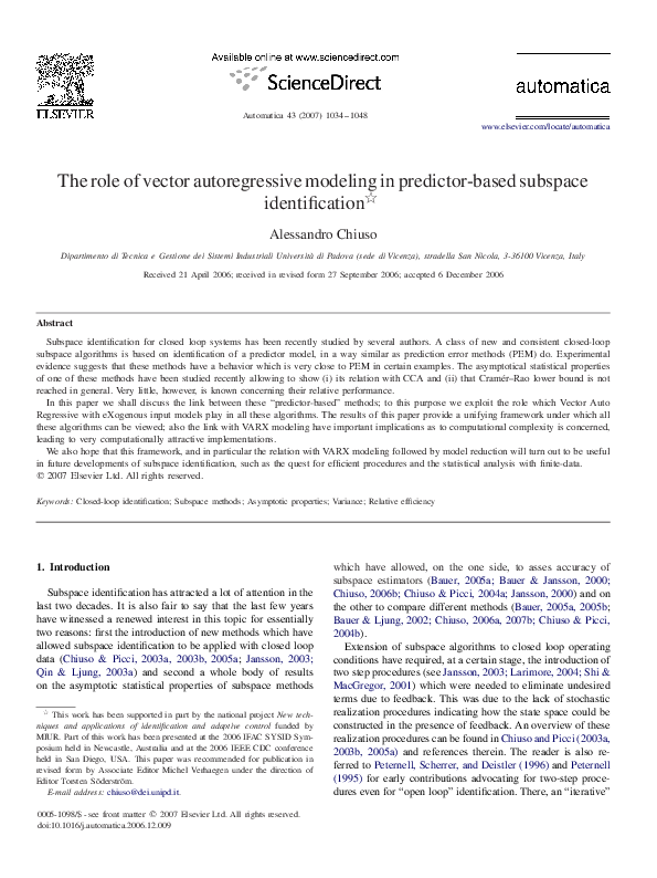 (PDF) The role of vector autoregressive modeling in predictor-based subspace identification