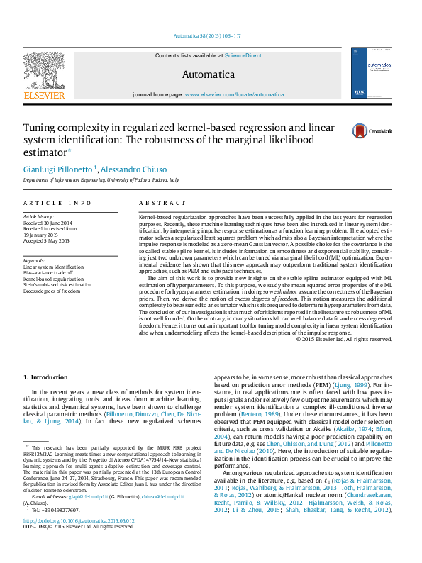 Pdf Tuning Complexity In Regularized Kernel Based Regression And Linear System Identification