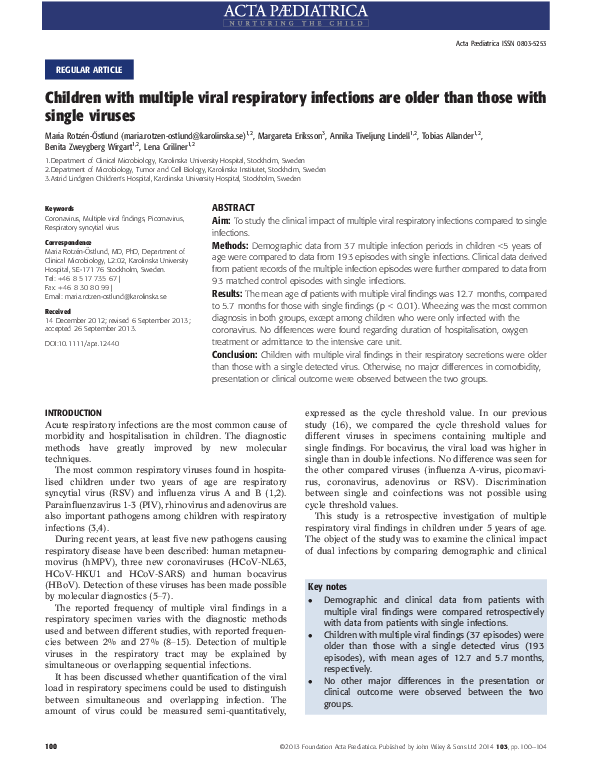 (PDF) Children with multiple viral respiratory infections are older ...