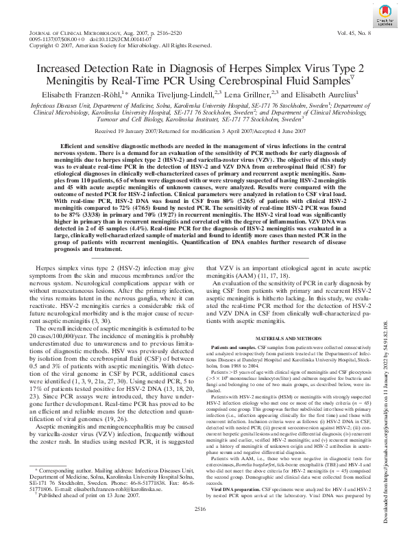 (PDF) Increased Detection Rate in Diagnosis of Herpes Simplex Virus Type 2 Meningitis by Real ...