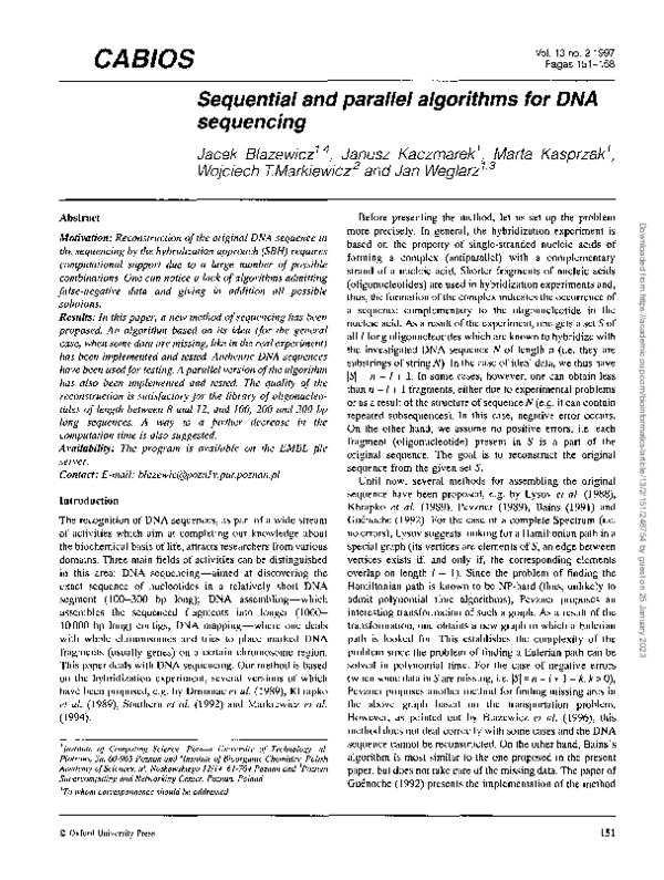 (PDF) Sequential and parallel algorithms for DNA sequencing | Wojciech Markiewicz - Academia.edu