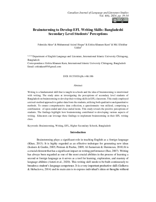 (PDF) Brainstorming to Develop EFL Writing Skills: Bangladeshi ...