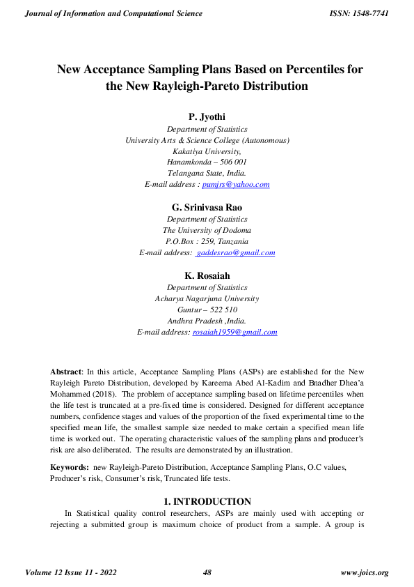 (PDF) New Acceptance Sampling Plans Based on Percentiles for the New Rayleigh-Pareto Distribution
