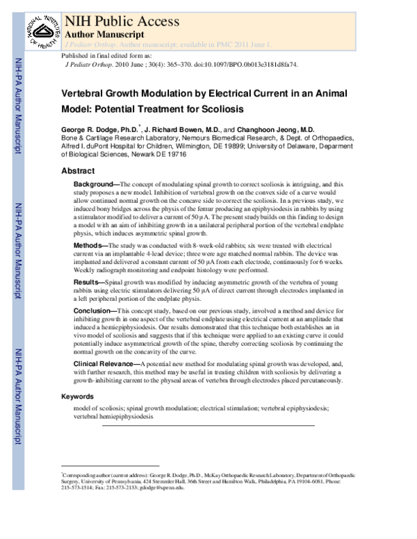 (PDF) Vertebral Growth Modulation by Electrical Current in an Animal ...