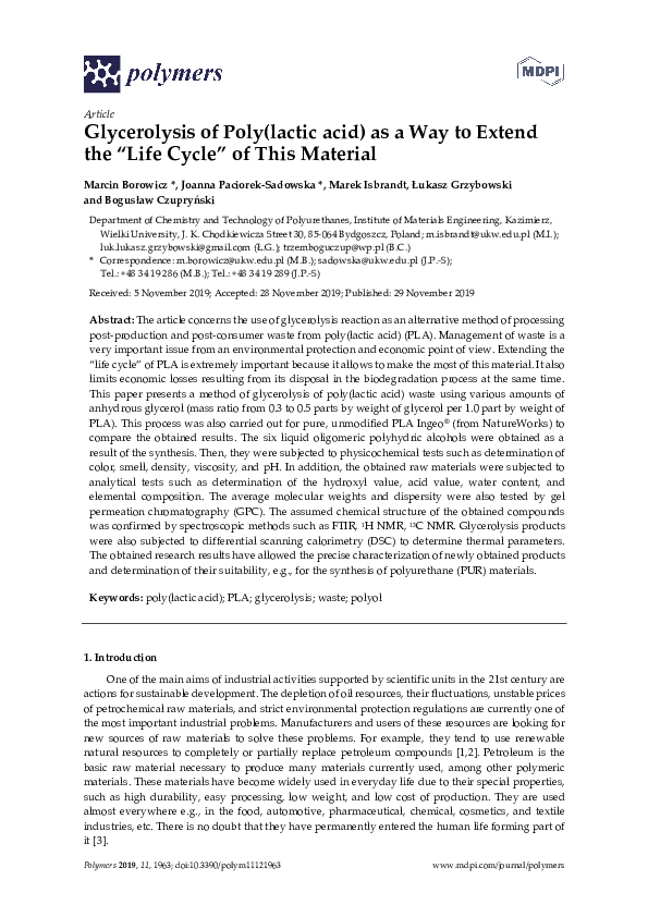 (PDF) Glycerolysis of Poly(lactic acid) as a Way to Extend the “Life ...