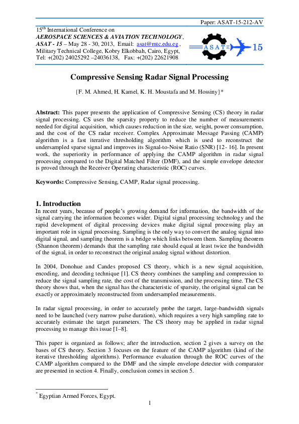 Pdf Compressive Sensing Radar Signal Processing