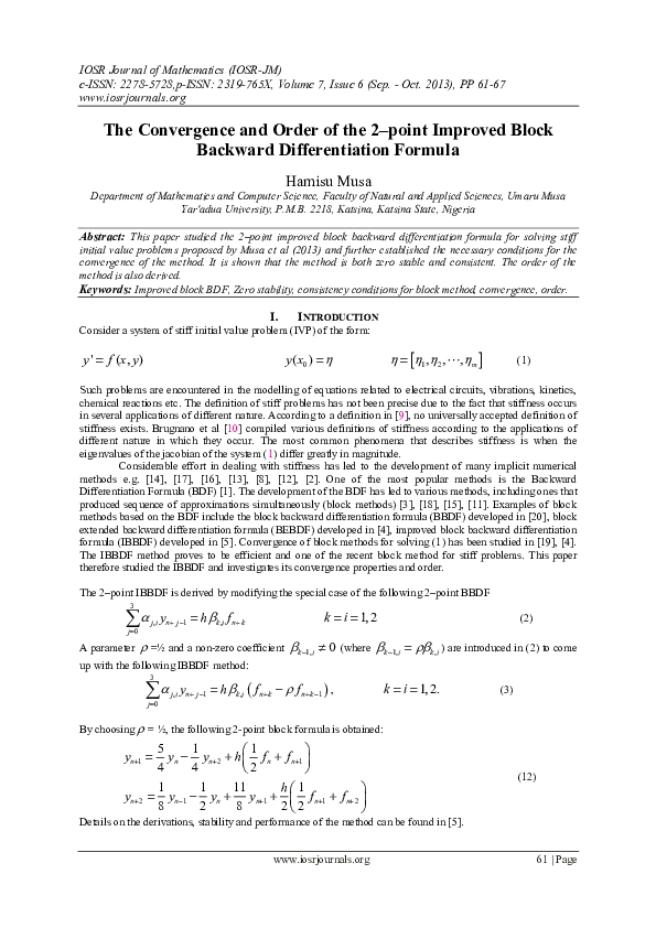 (PDF) The Convergence and Order of the 2–point Improved Block Backward Differentiation Formula