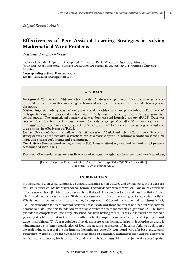 (PDF) Original Research Article_Effectiveness of Peer Assisted Learning Strategies in solving ...