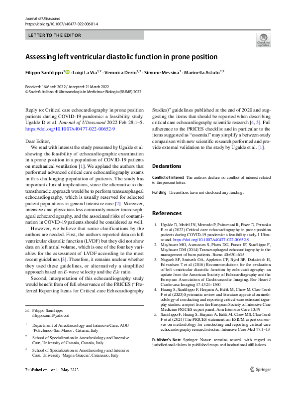 (PDF) Assessing left ventricular diastolic function in prone position | Marinella Astuto ...
