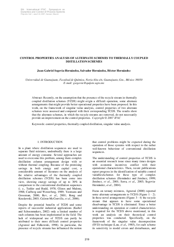 (PDF) Control properties analysis of alternate schemes to thermally coupled distillation schemes ...