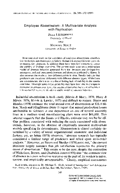 (PDF) Employee absenteeism: A multivariate analysis with replication