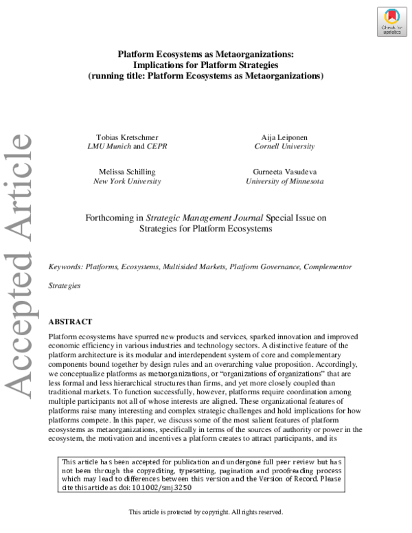 (PDF) Platform ecosystems as meta‐organizations: Implications for ...