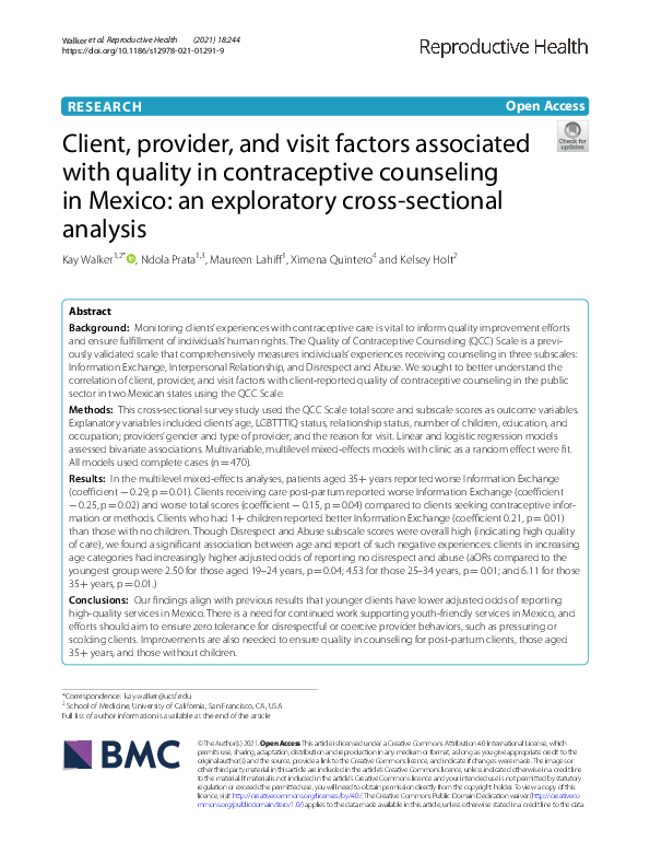 (PDF) Client, provider, and visit factors associated with quality in contraceptive counseling in ...
