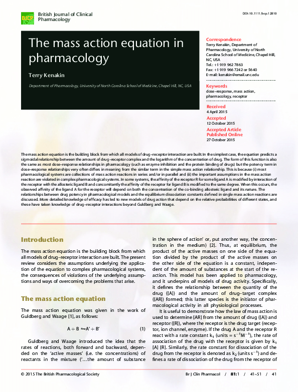 (PDF) The mass action equation in pharmacology: Mass action applied to ...