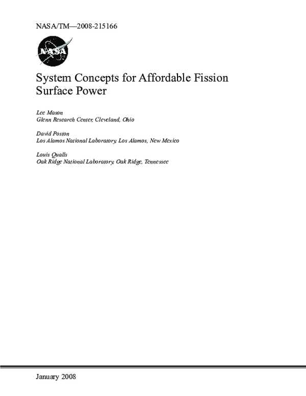(PDF) System Concepts for Affordable Fission Surface Power
