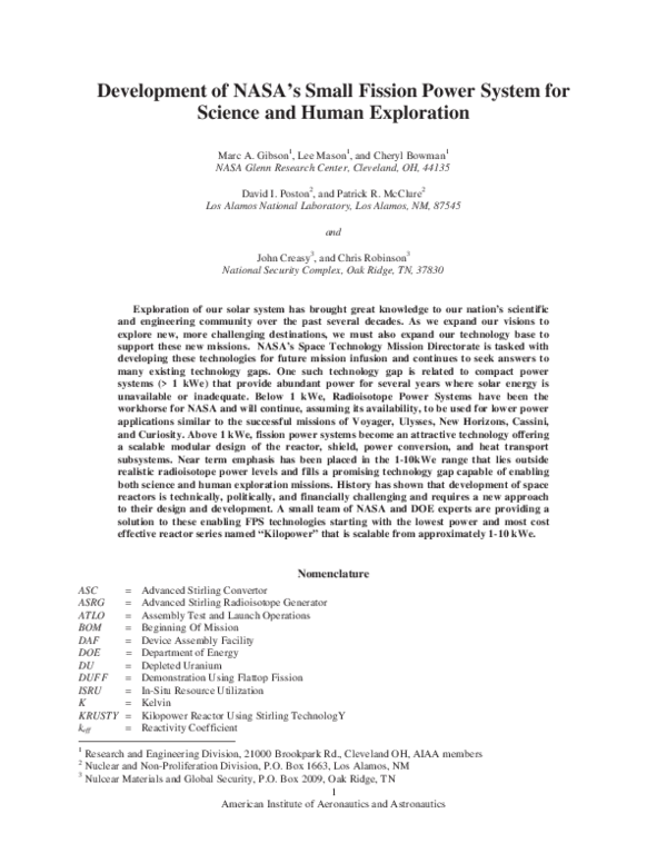 (PDF) Development of NASA's Small Fission Power System for Science and ...