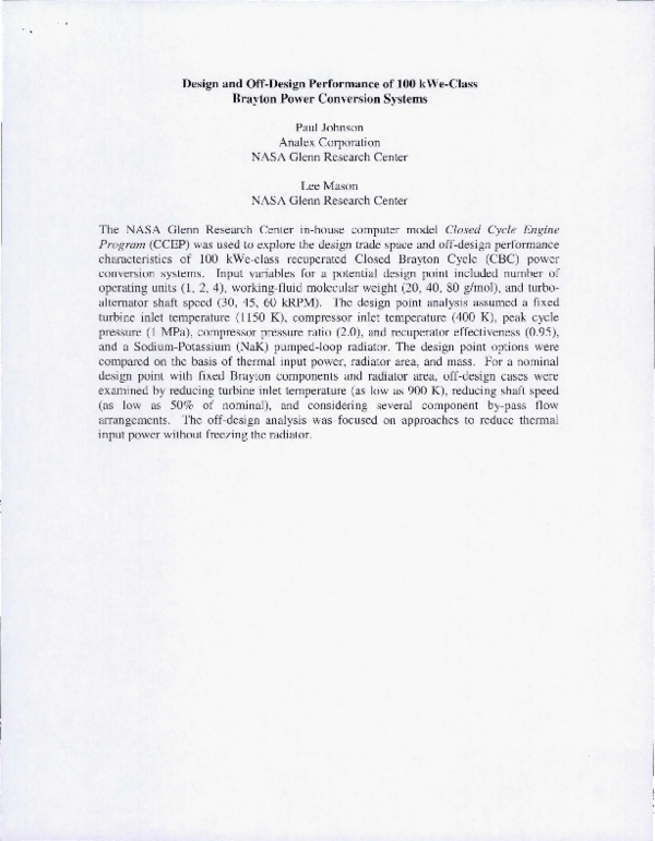(PDF) Design and Off-Design Performance of 100 kWe-Class Brayton Power ...