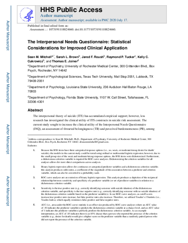 (PDF) The Interpersonal Needs Questionnaire: Statistical Considerations ...